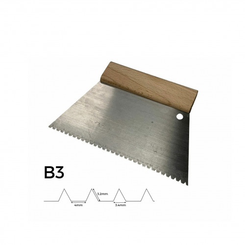 FS Adhesive Trowel Wooden Handle 220mm B3 3.2mm Notch Depth 3.4mm Notch Width Floorstock Ltd